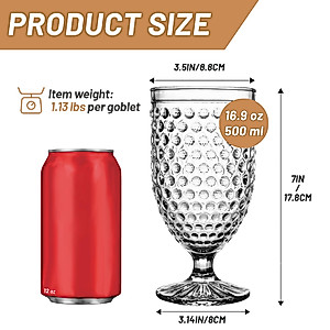 Wongblee Hobnail Glass Goblets 16.9 Oz, Stemmed Wine Glasses, Vintage Drinking Glasses for Water, Juice, Ice Tea, Set of 4 (Clear)