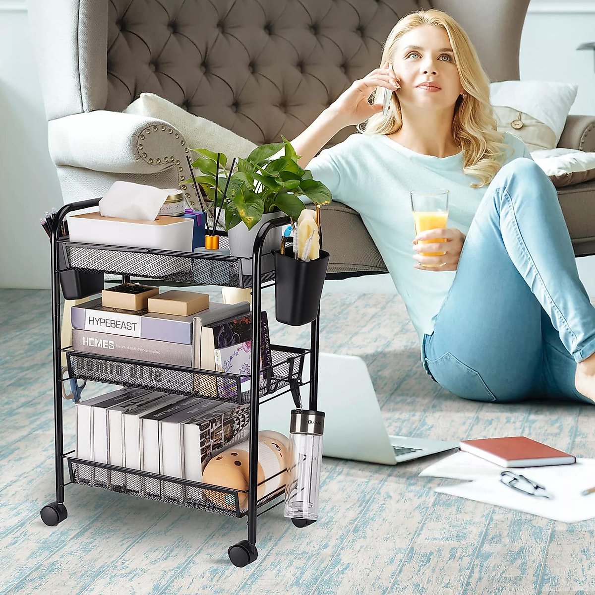 MEHUKOJ 3 Tier All-Metal Rolling Utility Cart with Locking Wheels,Easy-Carry and Assembly Mesh Trolley Cart with 2 Small Baskets and 4 Hooks for Bathroom Kitchen Office Balcony,Slide-Out Narrow Shelf
