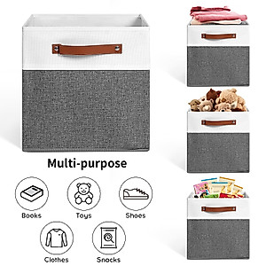 11x11 Cube Storage Bins Pack of 4, Foldable Fabric Cube Baskets with Leather Handles for Organizing Closet, Decorative Cube Storage Bins for Shelves, White/Grey