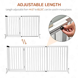 PawHut Adjustable Wooden Pet Gate, Freestanding Dog Fence for Doorway, Hall, 3 Panels w/Safety Barrier, Lockable Door, White, 44.5"-65.25" L x 14.25" H