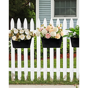 vensovo Metal Railing Planter for Outdoor Plants - 3 Pack Balcony Hanging Flower Pots with Detachable Hooks and Drain Holes Oval Bucket Rail Box Fence Planters for Home Garden Decor, Black