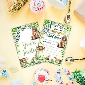 AWSICE Party Animals Birthday Invitations, Safari Theme Double-Sided Fill-In Invite Cards For Birthday Party, 20 Invitations With Envelopes, Decorations,Party Favor And Supply-A11