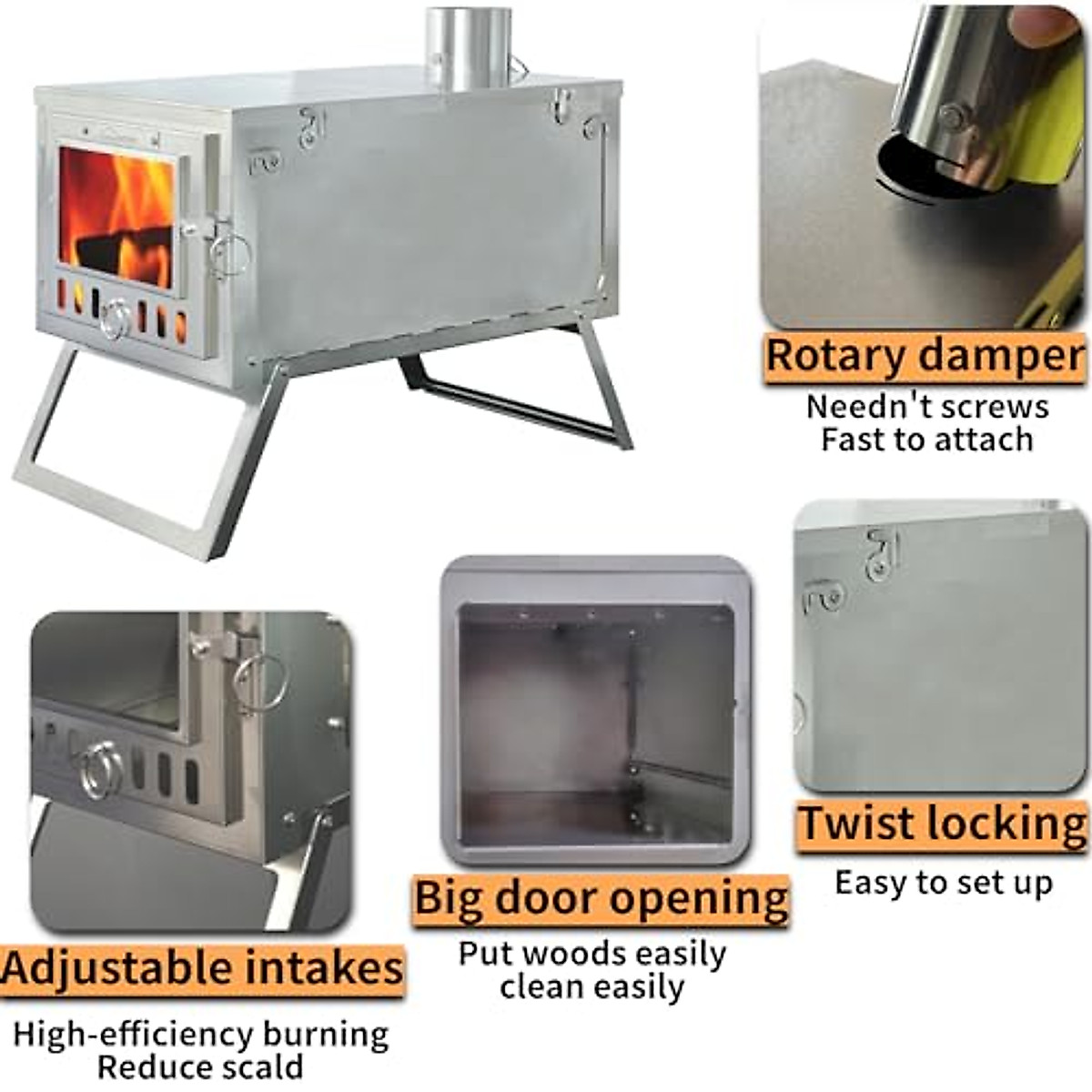 DANCHEL OUTDOOR S6 Folding Hot Tent Wood Stove for Camping 304 Stainless Steel with 7.2ft Chimney, Portable Tent Stoves Wood Burning Backpacking, Cooking