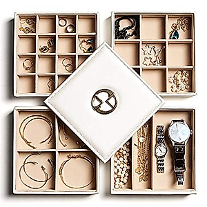 Frebeauty Earring Organizer Tray - Jewelry Accessary Storage Box - 32 Slot Jewelry organizer box 4 Stackable Trays with Lid Storage Display Case for Dresser and Drawer (White)