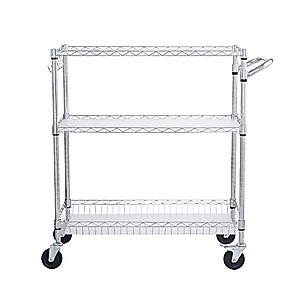VEVOR Kitchen Utility Cart, 3 Tiers, Wire Rolling Cart with 661 LBS Capacity, Steel Service Cart on Wheels, Metal Storage Trolley with 80 mm Deep Basket Curved Handle PP Liner 6 Hooks, NSF Listed