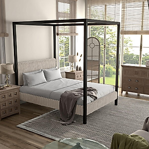 HOMES: Inside + Out Evadne Modern Canopy Bed Frame Queen Size with Channel Upholstered Headboard and Wooden Slats Support for Bedroom, Guest Room, No Box Spring Needed, Light Brown