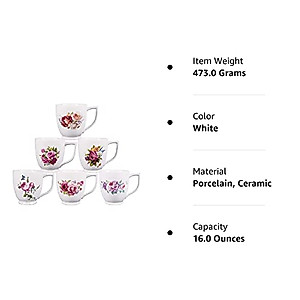Liphontcta QCH Teagas Porcelain Floral Tea Cup Set Rose Peony Cups Coffee mugs for Women Latte Cups Set of 6/16 oz
