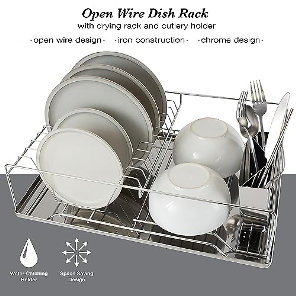 Kitchen Details 3 Piece Dish Rack | Drain Tray | Cutlery Holder | Countertop | Organizer | Holds 13 Dishes | Chrome
