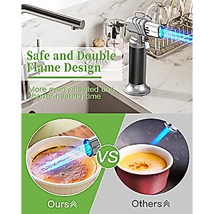 Uamector Butane Torch, Upgraded Refillable Kitchen Torch Lighter with Adjustable Dual Strong Flame & Safety Lock, Blow Food Torch for BBQ, Baking, Brulee, Creme, Silver-sets (Butane Gas Not Included)