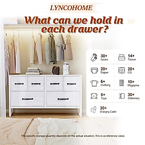 LYNCOHOME Dresser TV Stand, White Dresser for Bedroom with 6 Drawers,Wide Dresser with Sturdy Frame & Wood Top for Storage in Bedroom,Entryway,Hallway