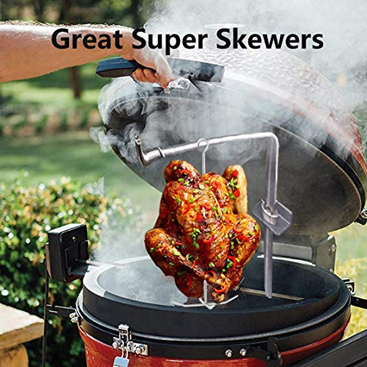 Reyhoar Super Skewers, Poultry Hanger, Turkey Holder, Pit Barrel Bronco Cooker Accessories, Vertical Grill Rack for Smoking Whole Chicken/Turkey, 4-Set with 4 skewers 4 Bases, Silver