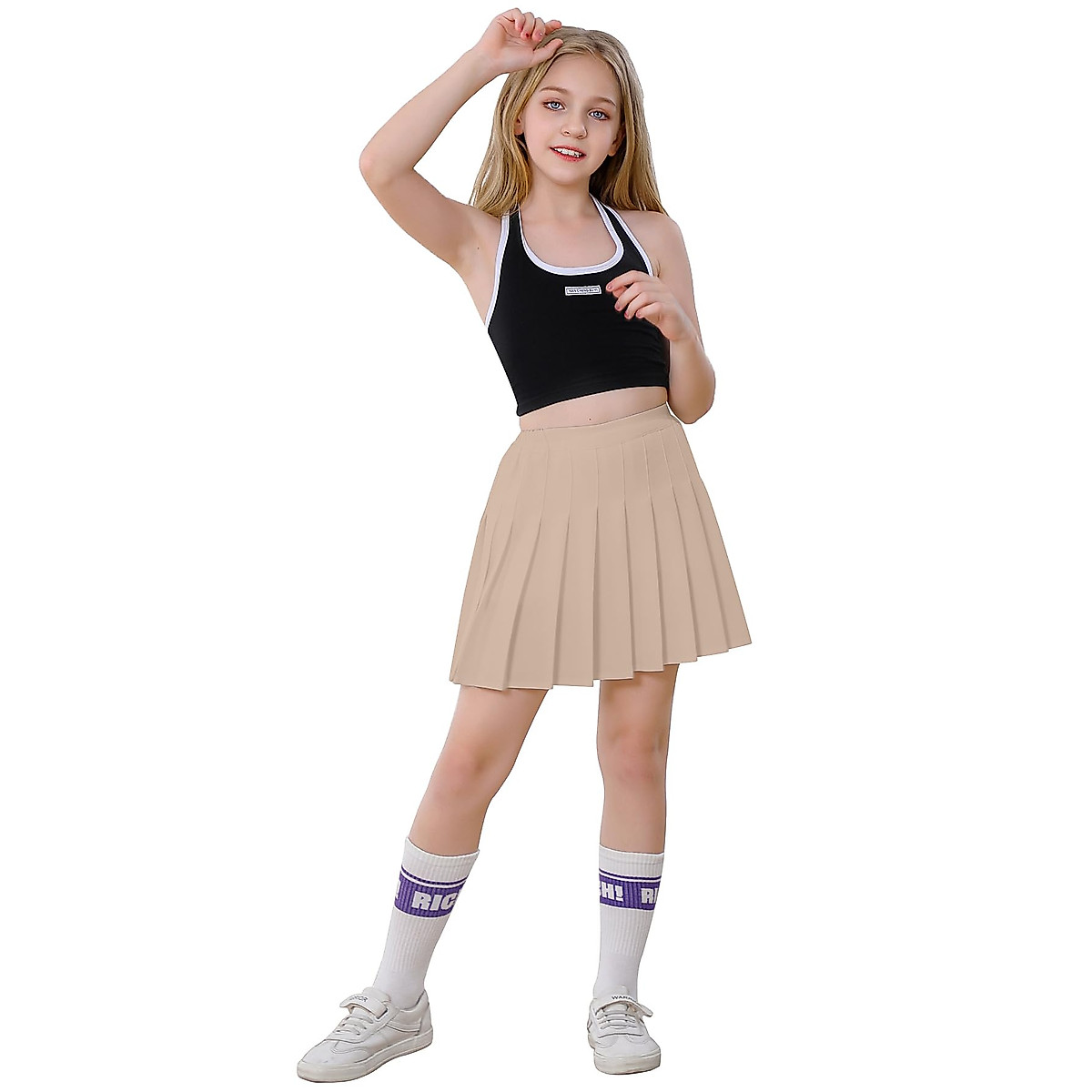 SHOOYING Women's Pleated Short Skirt High Waist Tennis Plain A-line Mini School Uniform Short Skirt with Lining Shorts, Light Khaki, US Size M