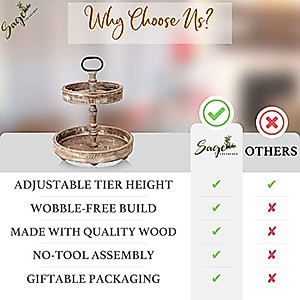 Two Tiered Tray Stand - Large 15 Inch Round Premium Farmhouse Tiered Tray with Unique Adjustable Tier Height and Stability Design - Rustic Wooden Tiered Tray - Distressed 2 Tier Tray for Decor