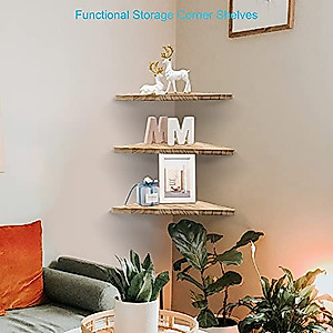 Joiishom Corner Wall Shelf Set of 3, Floating Corner Shelves for Wall, Rustic Wood Wall Storage Display Shelves for Living Room Bedroom Bathroom Kitchen (Carbonized Wood)