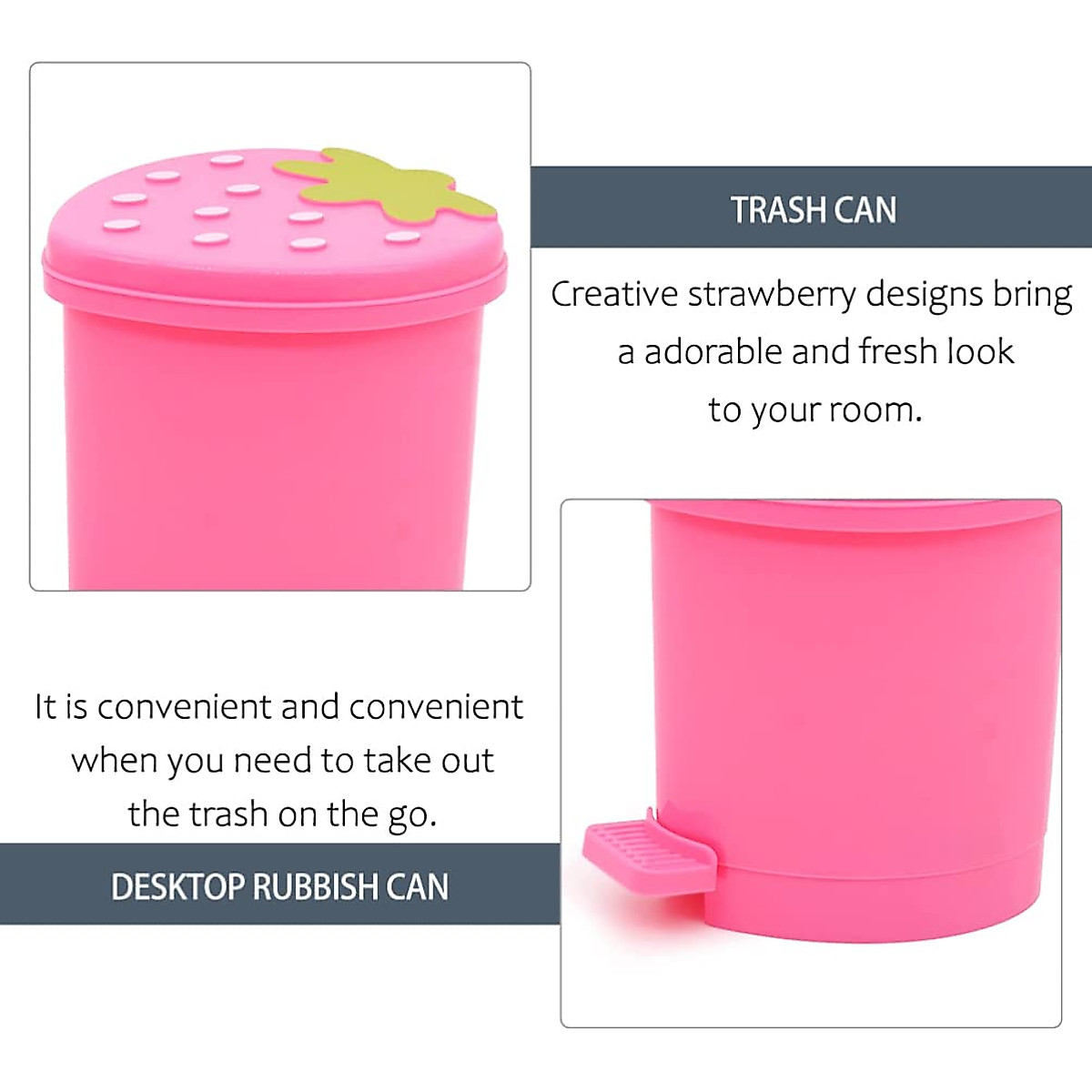 NUOBESTY Strawberry Trash Can Desk Trash Can with Lid Plastic Mini Garbage Can for Desktop Kitchen(Pink)