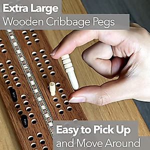 Sterling Games Extra Large Extra Long Cribbage 16" Wooden Game Board 2 Persons Double Track Board with 1/4" Holes and Italian Inlaid, Large Wooden Pegs Great for Seniors and Children