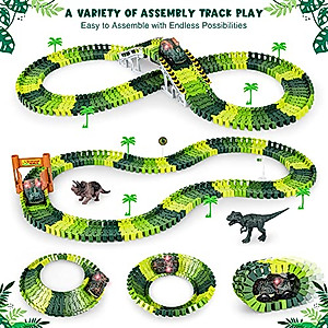 Dinosaur Tracks, 185 PCS Create A Dinosaur World Road Race for Kids Boys Toys Flexible Train Tracks Set and 2 Cool Dinosaurs Cars Dinosaur Toys for Age 3 4 5 6 7 8 Year & Up Old Boy Girls Best Gift