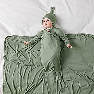 Bayceen Large Rayon Jersey Knitted Swaddle Blanket for Baby, Soft Stretchy Receiving Blanket for Newborns with Hat, Large 47 x 47 inches (Sage)