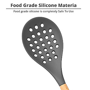 KUFUNG Silicone Skimmer Spoon, BPA-free & Heat resistant up to 480°F, Wooden Handle Silicone Non-Stick Kitchen Slotted Strainer Spoon for Pasta Spaghetti Noodles and Frying (Grey)