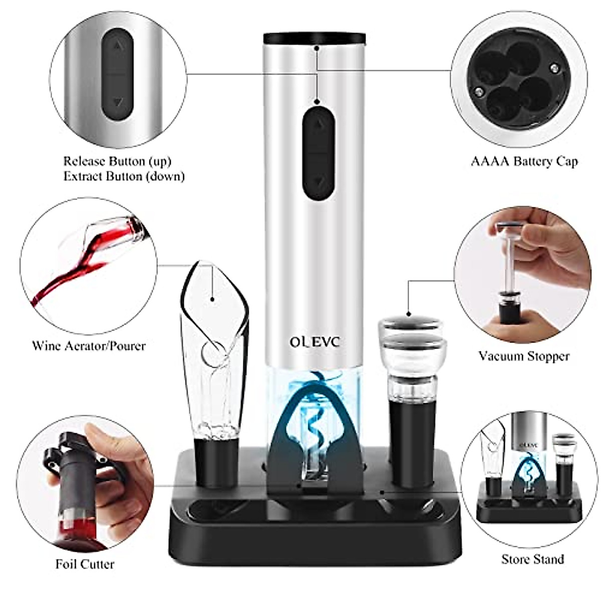 Olevc Rechargeable Electric Wine Bottle Opener, Automatic One-Button Corkscrew Opener Kit with Foil Cutter, Vacuum Stopper and Wine Aerator Pourer for Household Kitchen Party Bar(Stainless Steel)