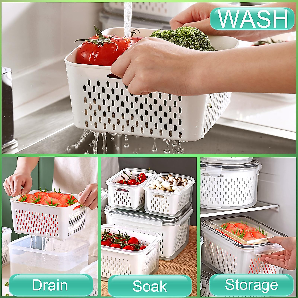 4 PCS Fruit Storage Containers for Fridge with Removable Colander,Airtight Leakproof Food Storage Container,Dishwasher Safe Produce Saver Container for Refrigerator,Keep Fruits Vegetables Fresh Longer