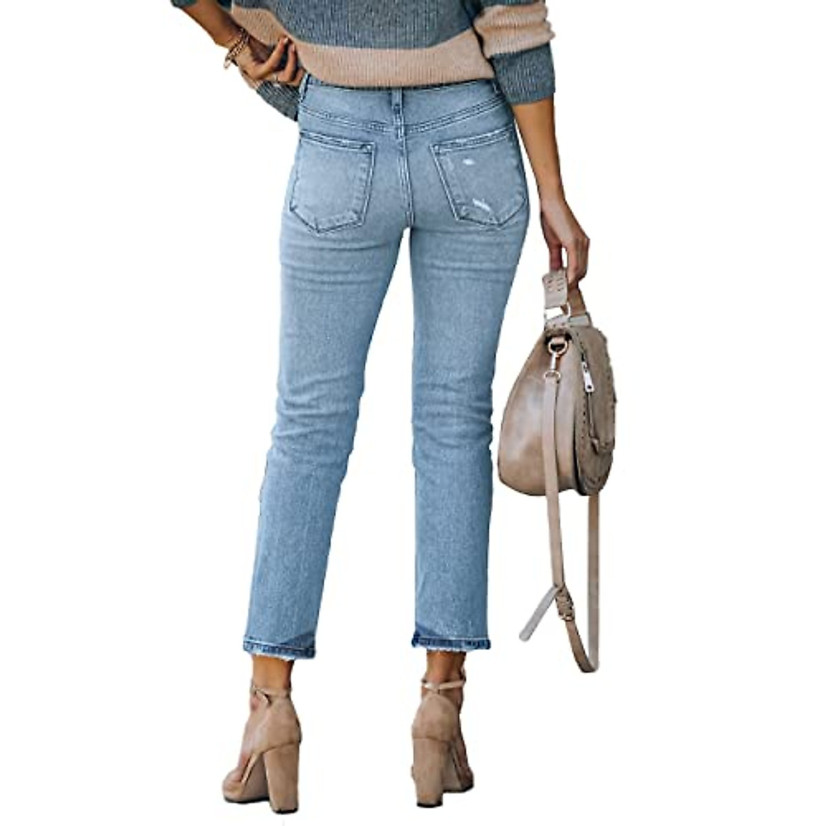 Lesore Womens High Waist Washed Raw Hem Boyfriend Ripped Distressed Destroyed Straight Leg Cropped Jeans Denim Pants Pockets Blue 29