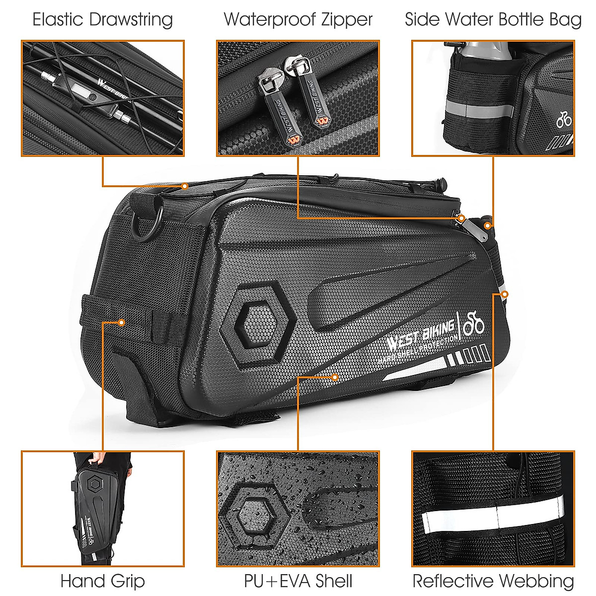 West Biking Bike Rear Seat Bag, Double Water Resistant, Zipper, Bicycle Trunk Pannier, 8.6L Capacity Waterproof Backseat Carrier Cargo Pouch with Strap & Rain Cover For Cycling