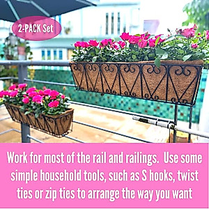 LaLaGreen Wall Hanging Planters - 2 Pack, 30 Inch Deck Railing Hanging Pot, Over the Rail Flower Boxes Black Window Plant Basket Attach to House Outdoor with Coco Liner Metal Fence Balcony Patio Porch