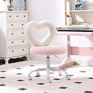 Guyou Kids Desk Chair with Wheels, Cute Furry Girls Desk Chair with Open Heart Backrest, Adjustable Computer Study Chair Swivel Rolling Faux Fur Children Chair for Bedroom, Pink