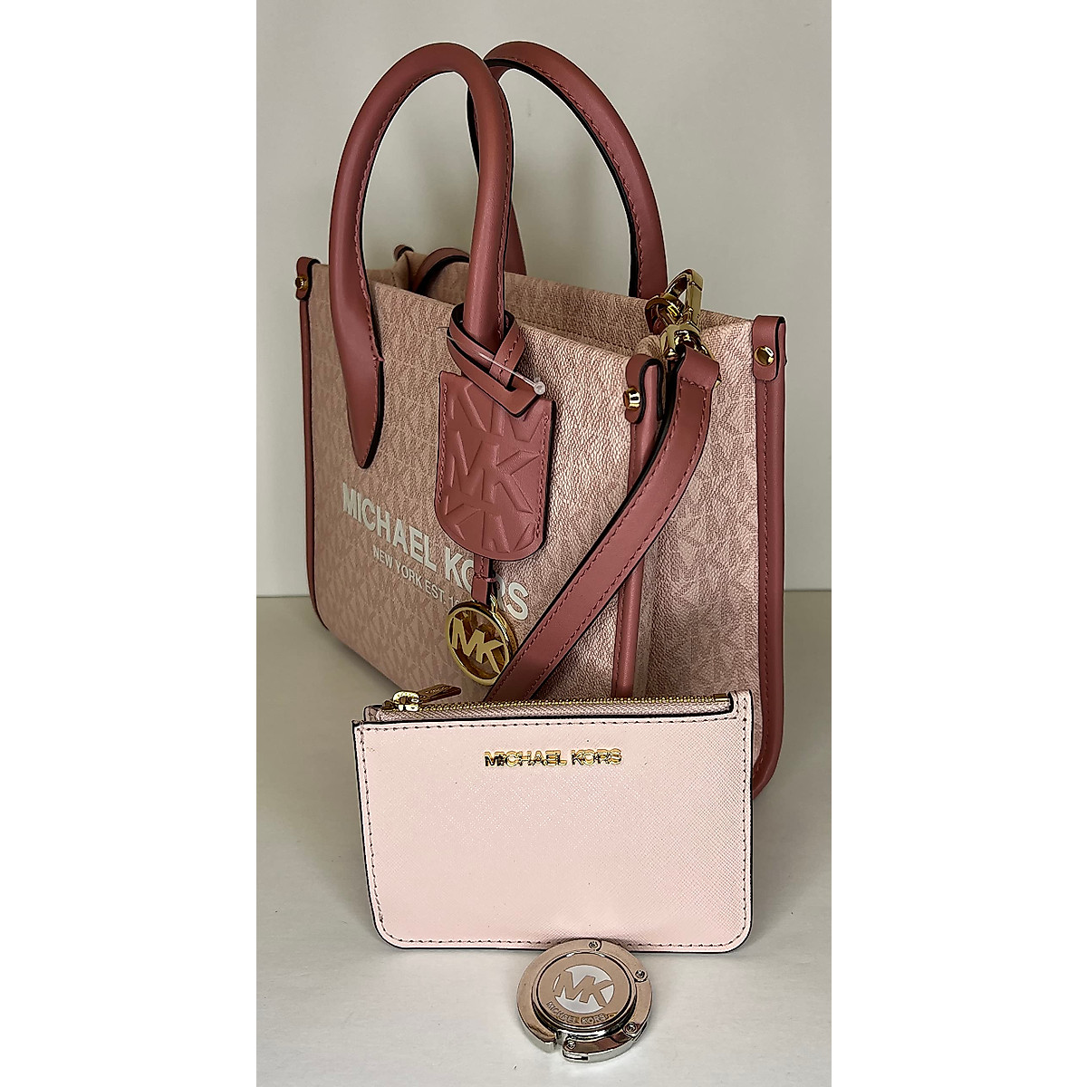 Michael Kors Mirella Small Shopper Top Zip Bag bundled SM TZ Coinpouch Purse Hook (Pink MK Signature)