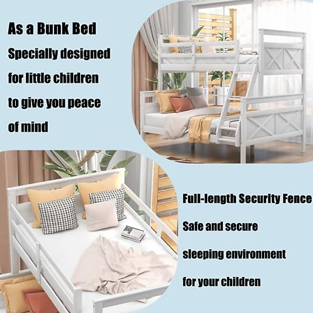 Heliosphere Twin Over Full Bunk Bed, Wooden Bunk Bed Frame with Safety Guard Rail & Ladder, Space-Saving Design/Noise Free for Teens Adults Bedroom, No Box Spring Needed (White)