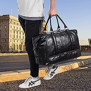 Leather Travel Bag with Shoe Pouch,Weekender Overnight Bag Waterproof Leather Large Carry On Bag Travel Tote Duffel Bag for Men or Women