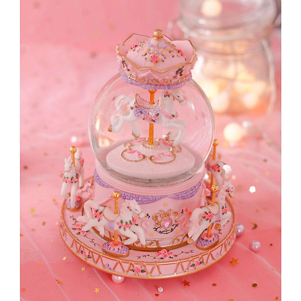 Leonnnnn Carousel Horse Music Box Snow Globes, Musical Rotating Horses with Colorful Light, Snowglobes Castle in The Sky, for Wife Daughter Girlfriend, Birthday/Anniversary/Valentine's Day Gift