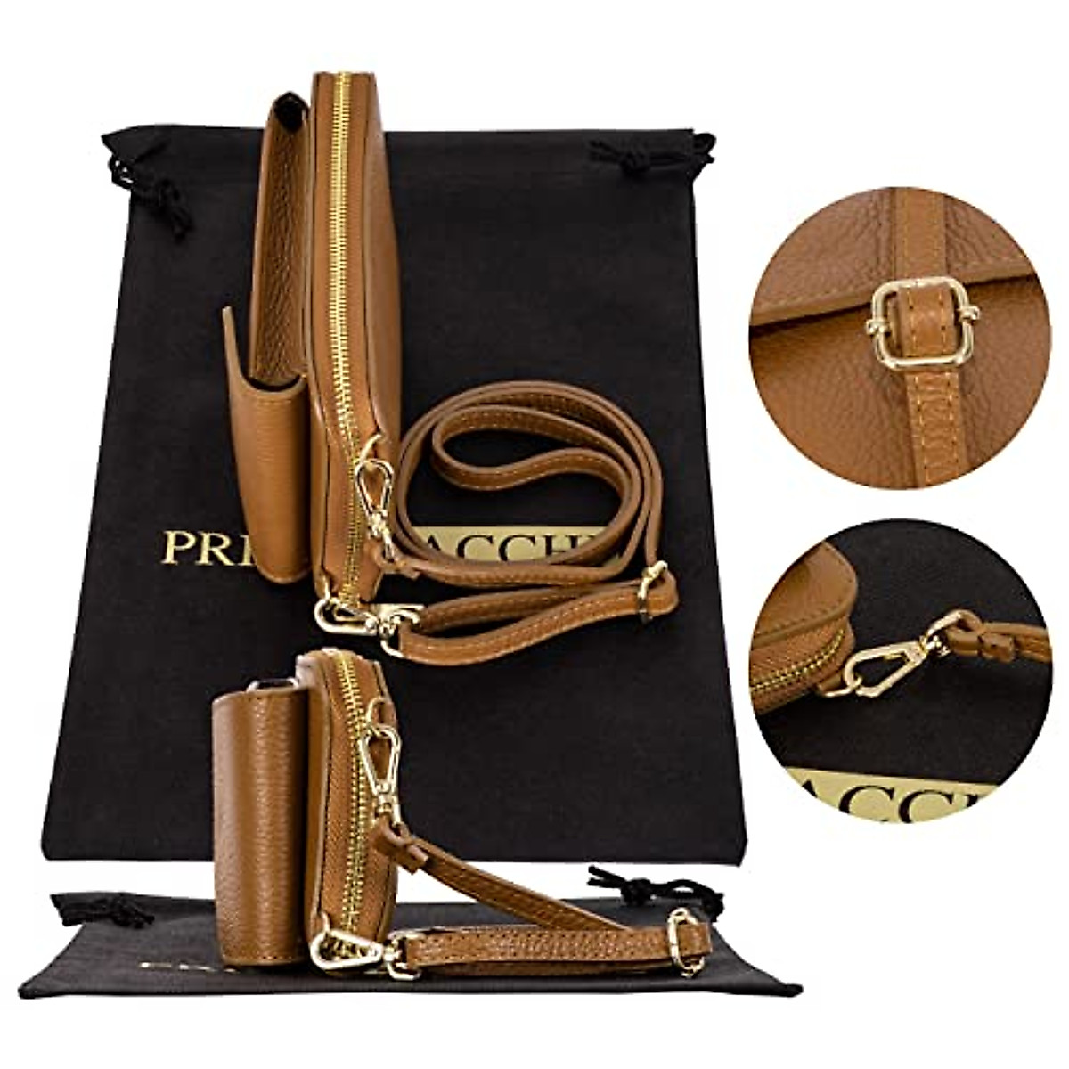 PRIMO SACCHI Womens Cell Phone & Wallet Crossbody Purse Dark Tan Italian Leather