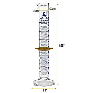 EISCO Graduated Cylinder, 100mL - ASTM, Class A Tolerance ±0.50mL - Protective Collar, Hexagonal Base - Blue Graduations - Borosilicate 3.3 Glass