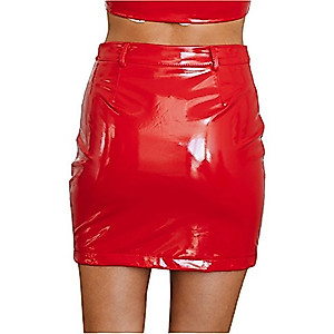 Yimeili Women's Red Leather Skirts High Waisted Shiny Mini Pencil Latex Skirt (L-Red Mini Skirt)