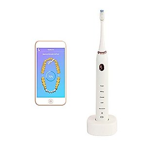 Over The Sea Sonic Bluetooth Rechargeable Electronic Toothbrush – 5 Modes – App Control – Smart Timer – Wireless Charging – Portable Power Toothbrush – 2 Replacement Dupont Brush Heads (White)