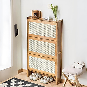 Magshion Narrow Shoe Cabinet for Entryway Slim Thin Bamboo Freestanding Shoe Storage with Flip Drawers for Hallway, Living Room, Bedroom (Natural, 47.5" x 27" x 7")