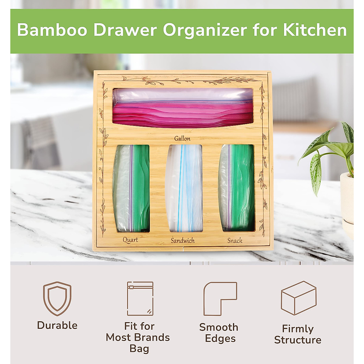 EVERLIVING Bamboo Ziplock Bag Organizer for Drawer & Countertop – Convenient 6-Slot Plastic Bag Organizer – Aluminum Foil Organization and Storage with Cutter – Ziplock Bag Storage Organizer
