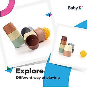 BABY K Baby Stacking Cups Toy (9 Pieces) - Silicone Stacking Cups for Babies 6-12 Months - Nesting Cups Baby Toy with Sensory Baby Ball Toy and Growth Journal - Stackable Cups for Baby Motor Skills