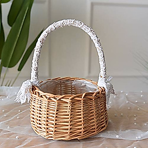RTWAY Wicker Rattan Flower Basket, Set of 2 Wedding Flower Girl Baskets, Willow Handwoven Basket with Handles and Plastic Insert, Woven Eggs Candy Basket for Home Garden Decor