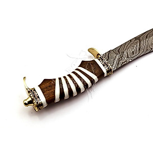 Skokie Knives Custom Hand Made Damascus Steel Hunting Knife Handle Camel Bone (Brown)