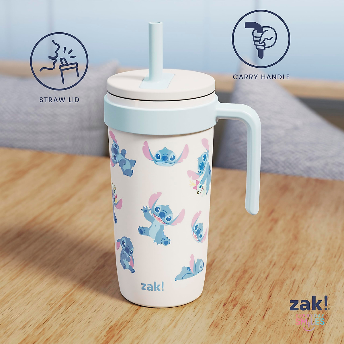 Zak Designs Disney Fairway Travel Tumbler for On the Go or At Home, 18oz Stainless Steel with Vacuum Insulation, Spillproof Silicone Straw, and Carry Handle for Cold Drinks (Stitch)