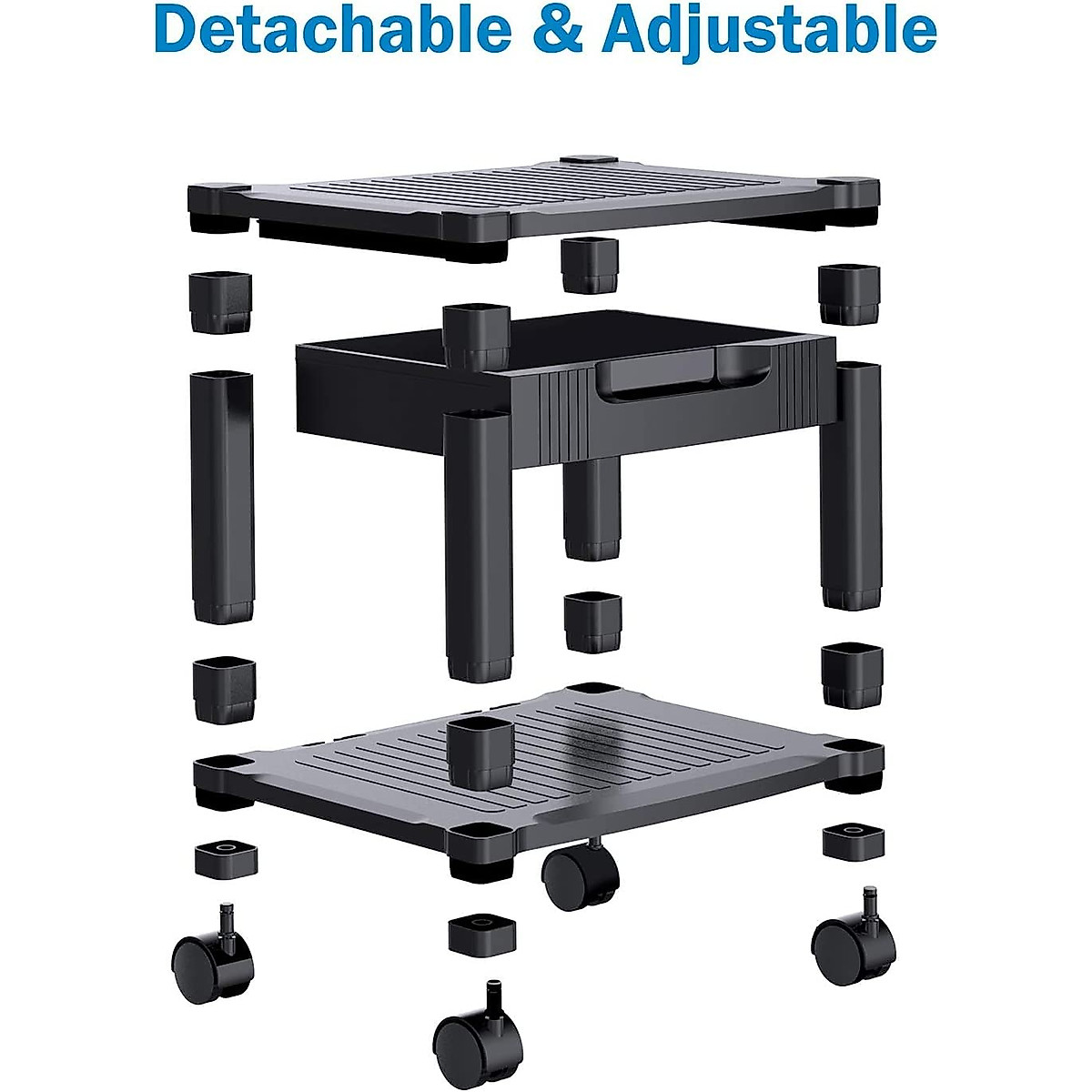 HUANUO Printer Stand - Under Desk Printer Stand with Cable Management & Storage Drawers, Height Adjustable Printer Desk with 4 Wheels & Lock Mechanism for Mini 3D Printer HNDPS