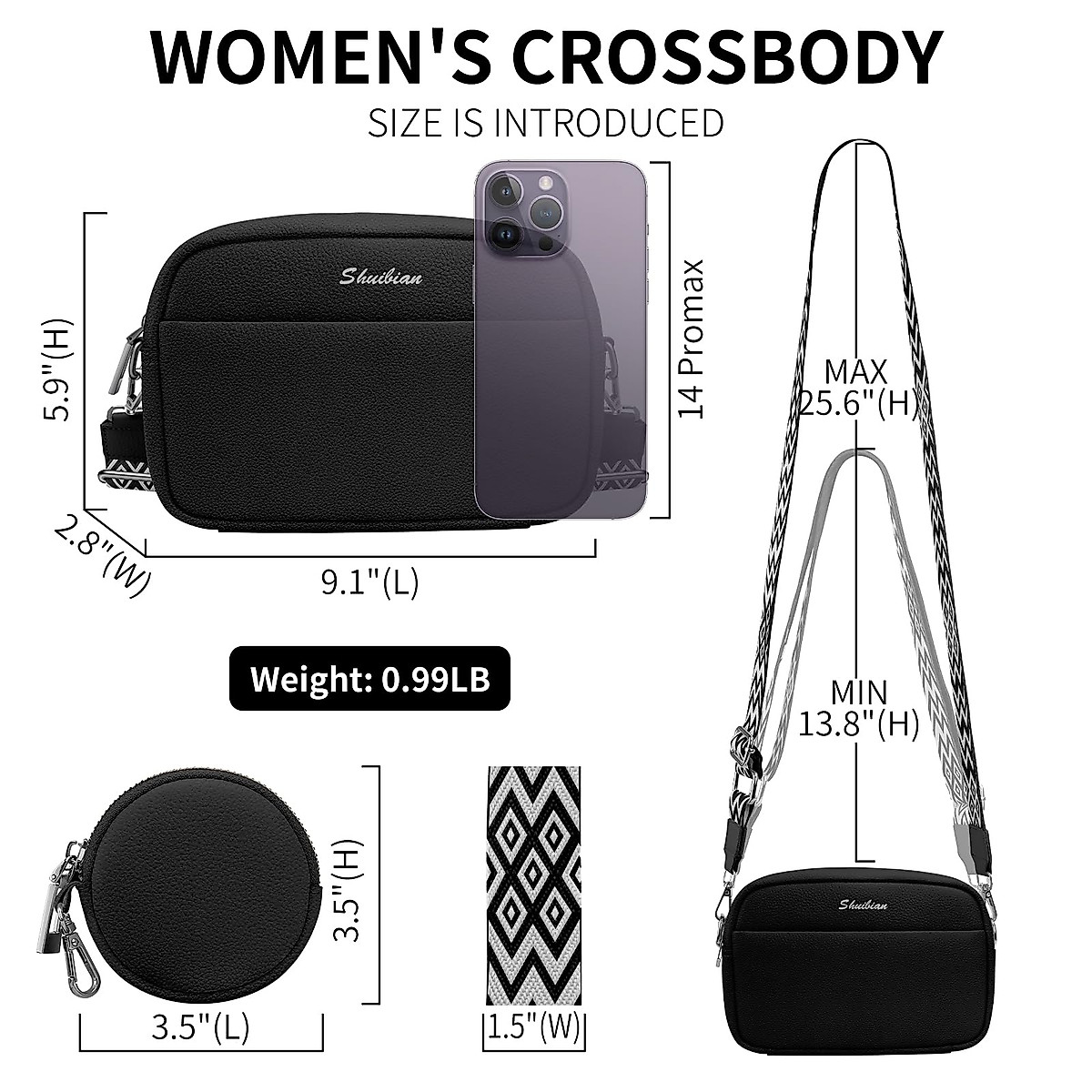 SHUIBIAN Genuine Leather Crossbody Bag for Women Detachable Coin Purse Wide Strap Shoulder Bag Camera Crossbody Purse