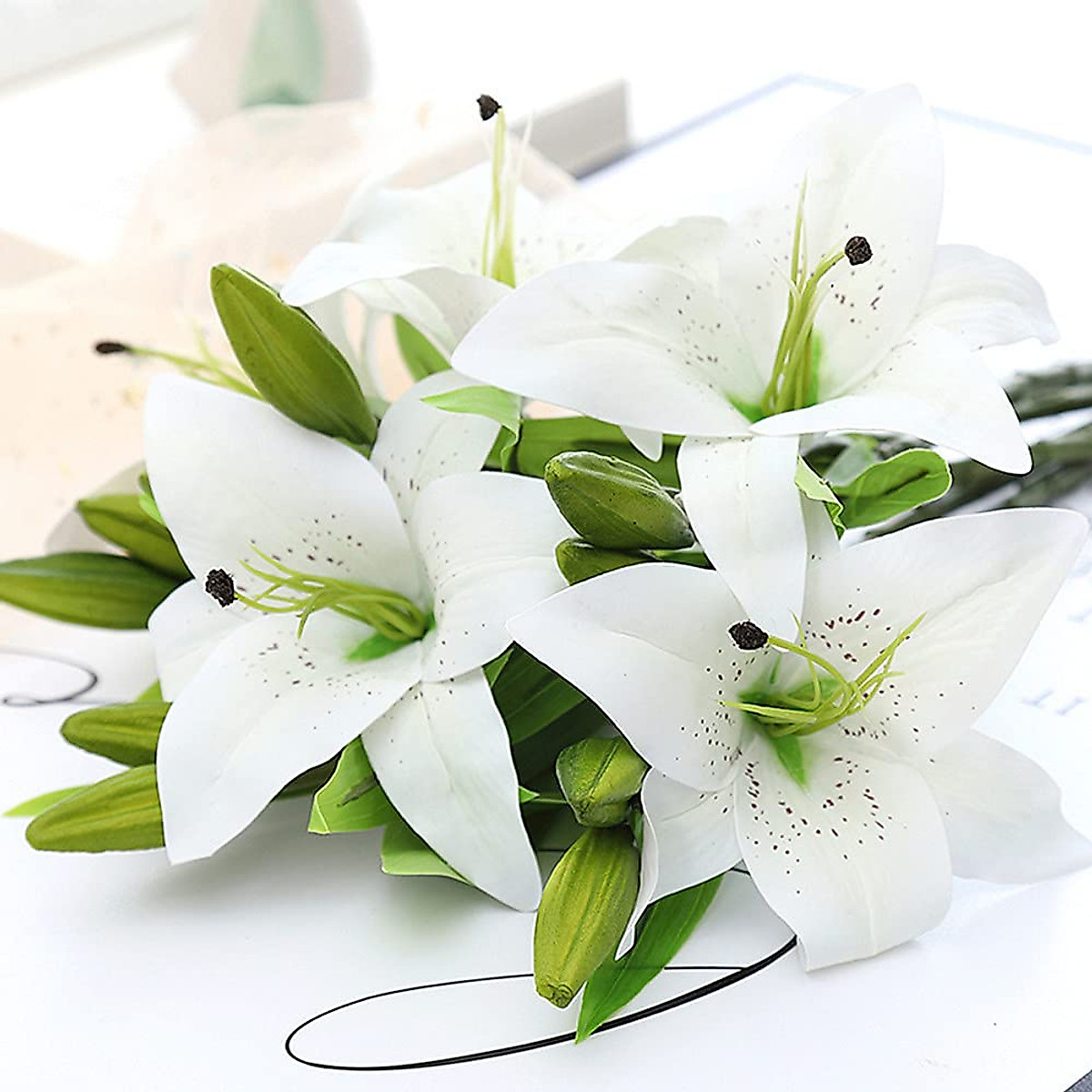 Aiinoo 5pcs Artificial Lily Faux Flowers Plastic Easter Tiger Lily Real Touch Bouquet for Wedding Party Home Garden Hotel Decor (White)
