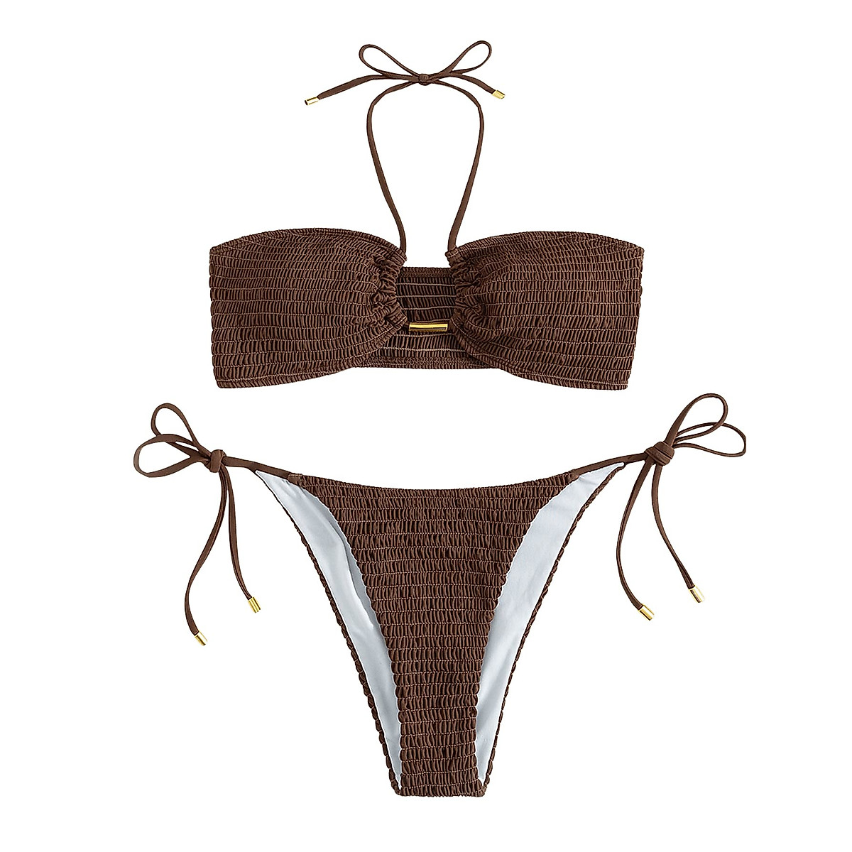 SweatyRocks Women's 2 Piece Bathing Suit Ribbed Tie Side Halter Bikini Swimsuit Coffee Brown XS