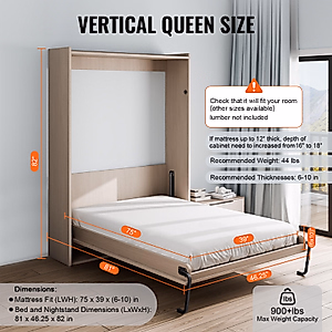VEVOR Murphy Bed Kit, Twin Size, Vertical Deluxe DIY Wall Bed Mechanical Hardware Kit, Pneumatic Lever Heavy Duty Bed Frame Support, Folding Cabinet Wall Bed Space Saving Design for Guestroom