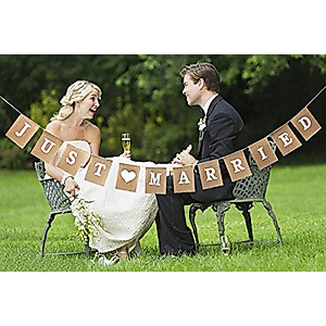 Honbay Just Married Bunting Banner Vintage Burlap Banner for Wedding, Bridal Shower, Bachelorette Party, Photo Props,etc