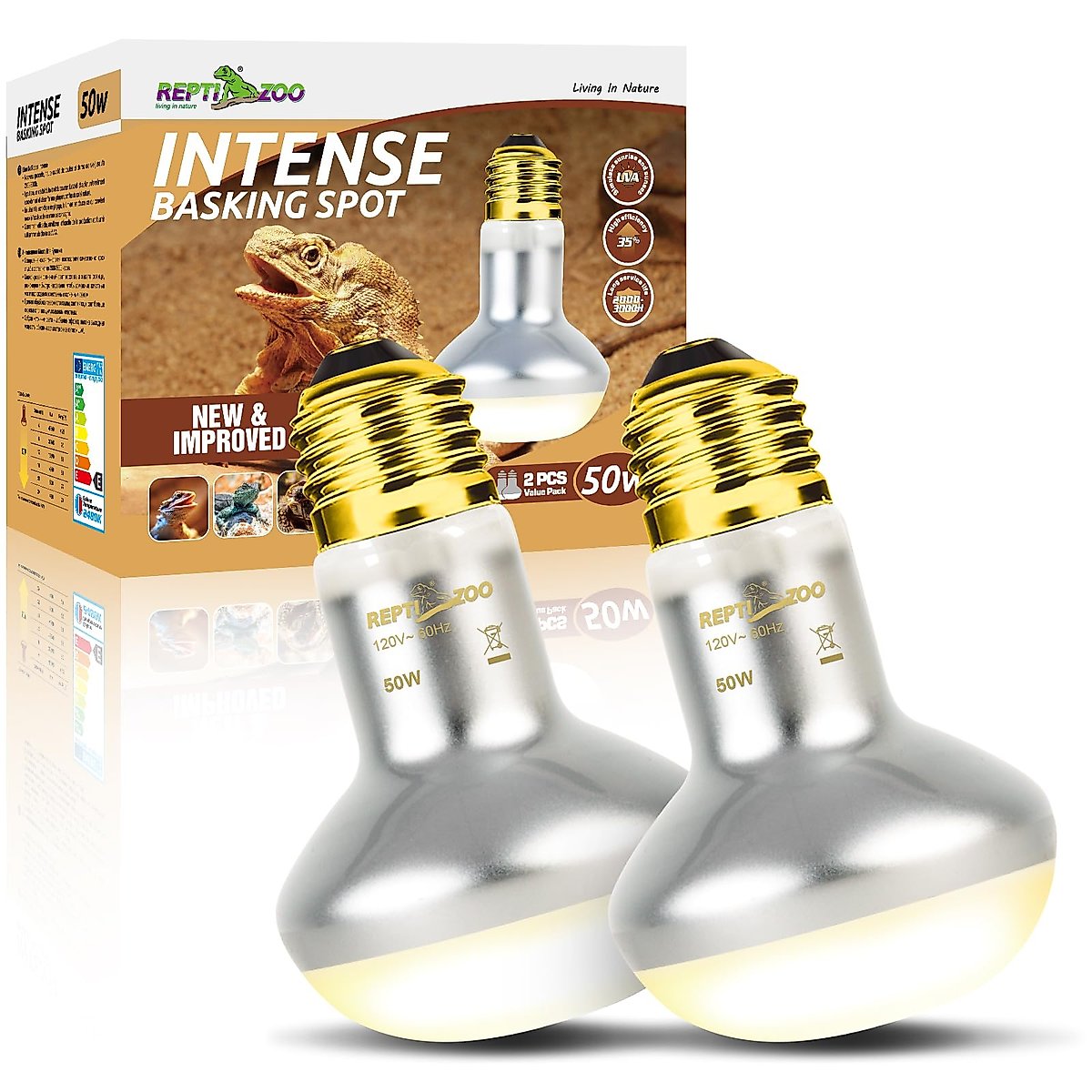 REPTI ZOO 50W Reptile Heat Lamp Bulb,2 Pack Intense Spot Basking Light,UVA Daylight Heating Lamp Bulb for Reptile & Amphibians & Chicken Brooder,Bearded Dragon, Lizard, Tortoise
